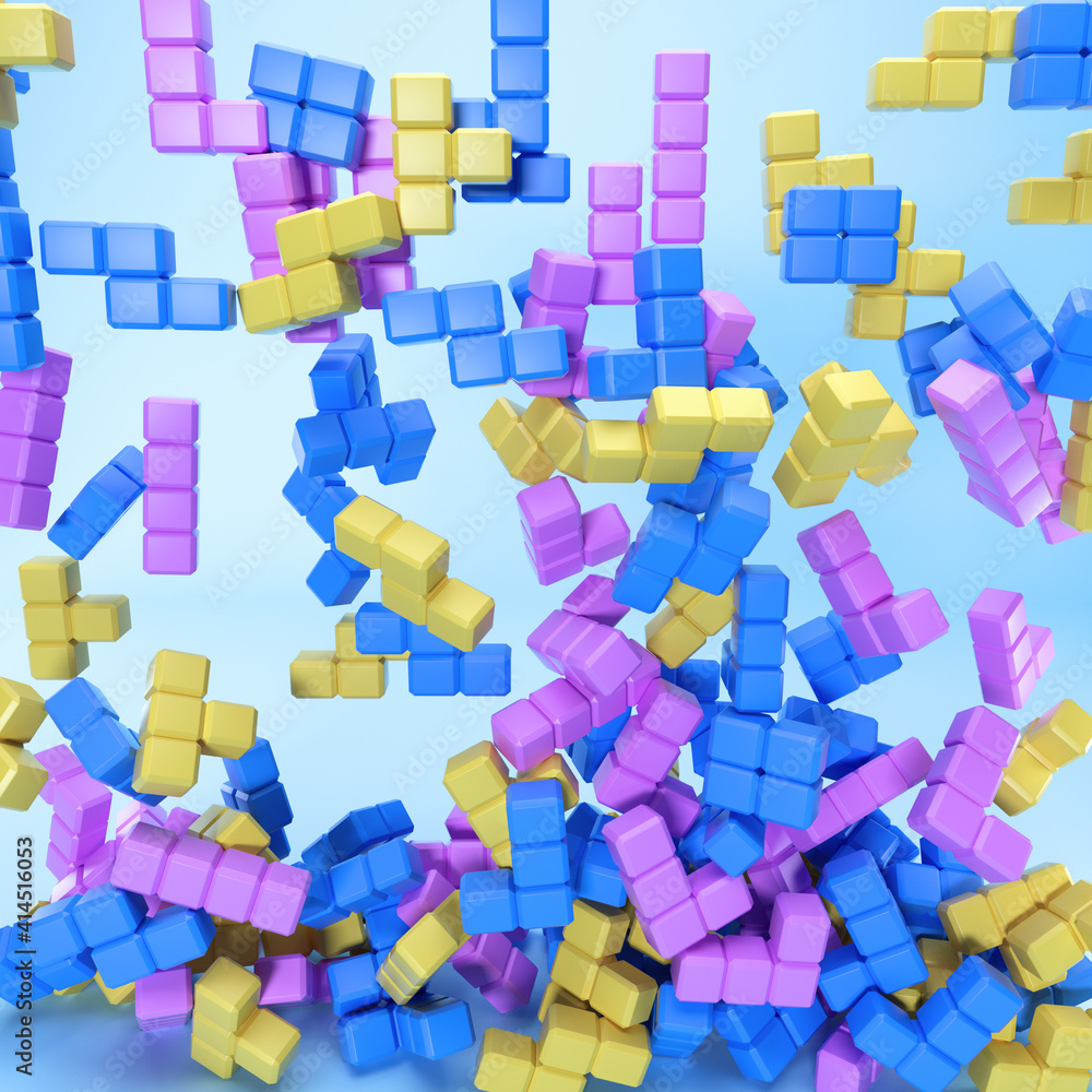 Tetris game pieces 3D render. Blocks falling with speed from the top to ...