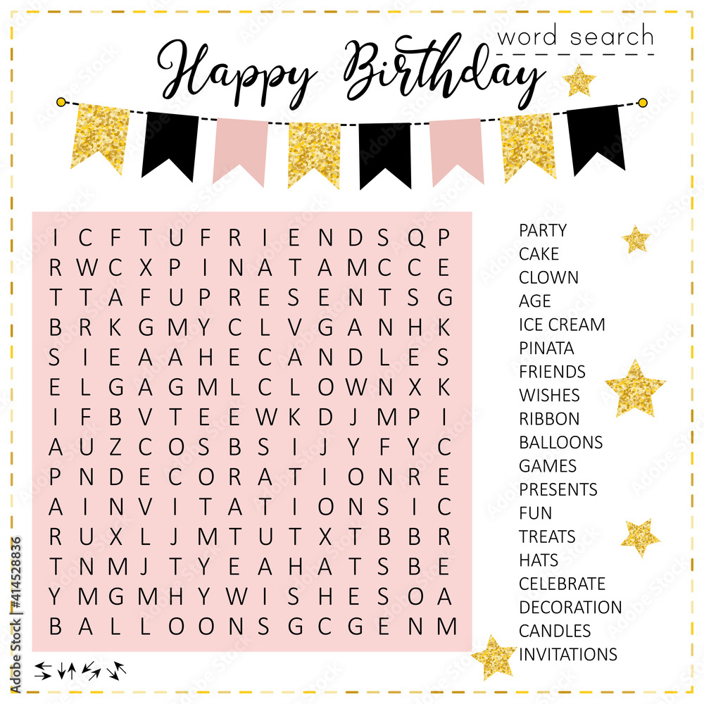 Happy Birthday word search puzzle. Educational game for kids. Crossword ...