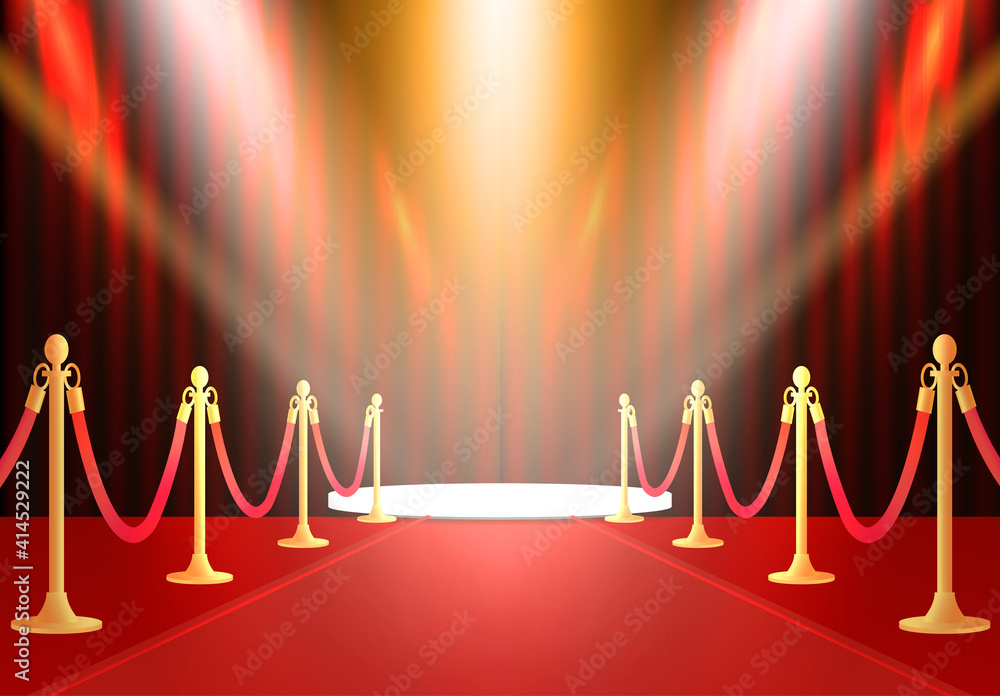 Red background with carpet, path barriers 3d and curtain.Luxury ...