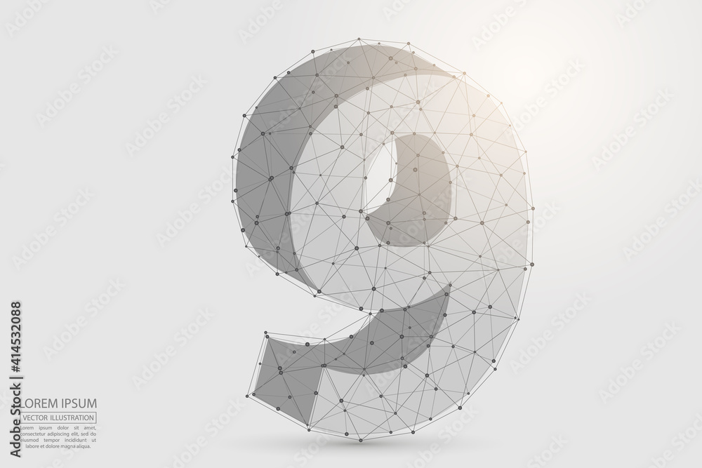 Abstract number nine, figure 9, consisting of triangles, circles, spots ...