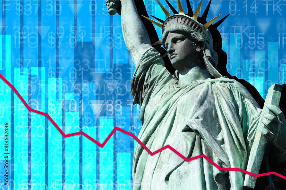Collapse of US stock markets. Statue of Liberty on a blue background ...