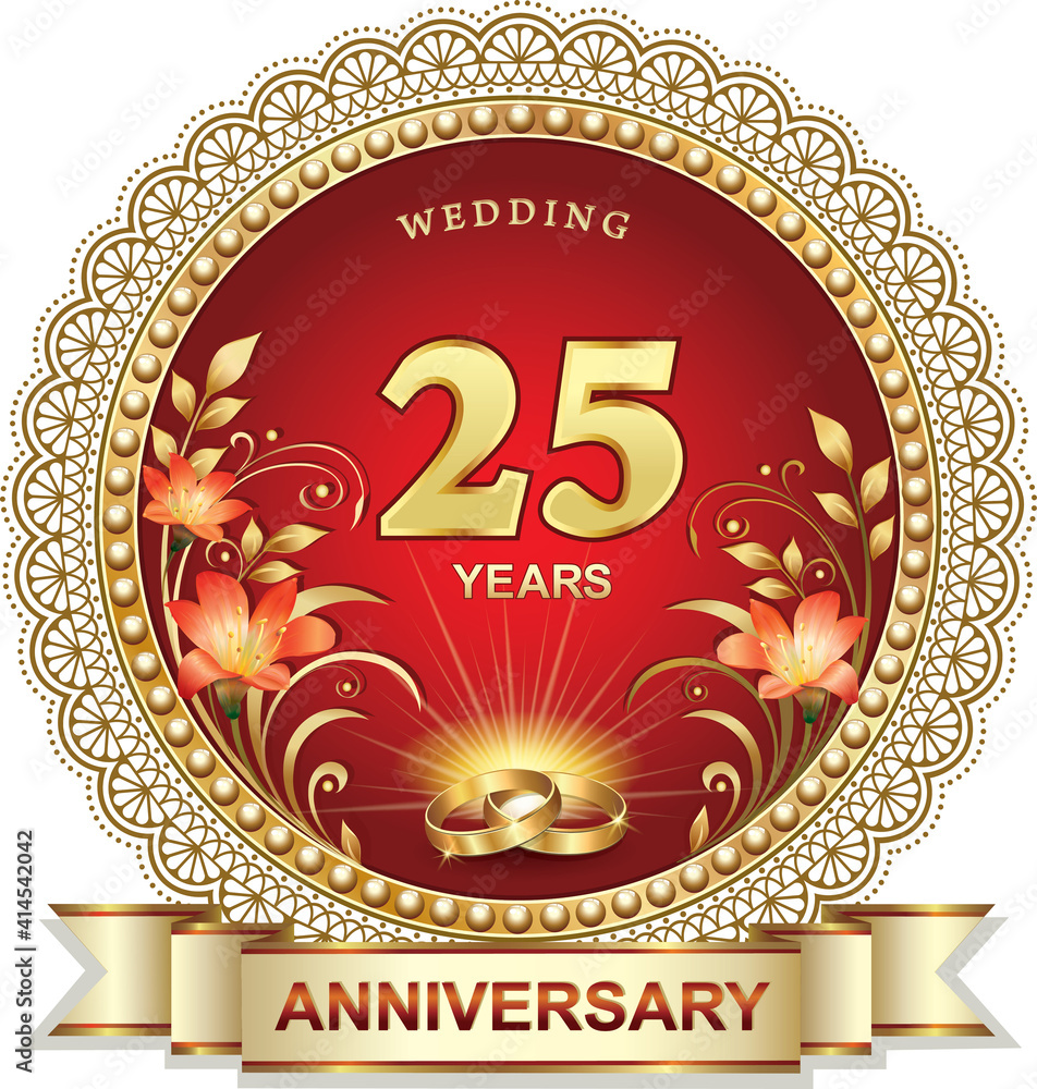25th Anniversary, wedding card with golden numbers 25 years and rings ...