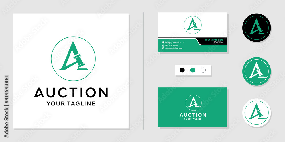 Auction logo initial letter A and business card design template ...