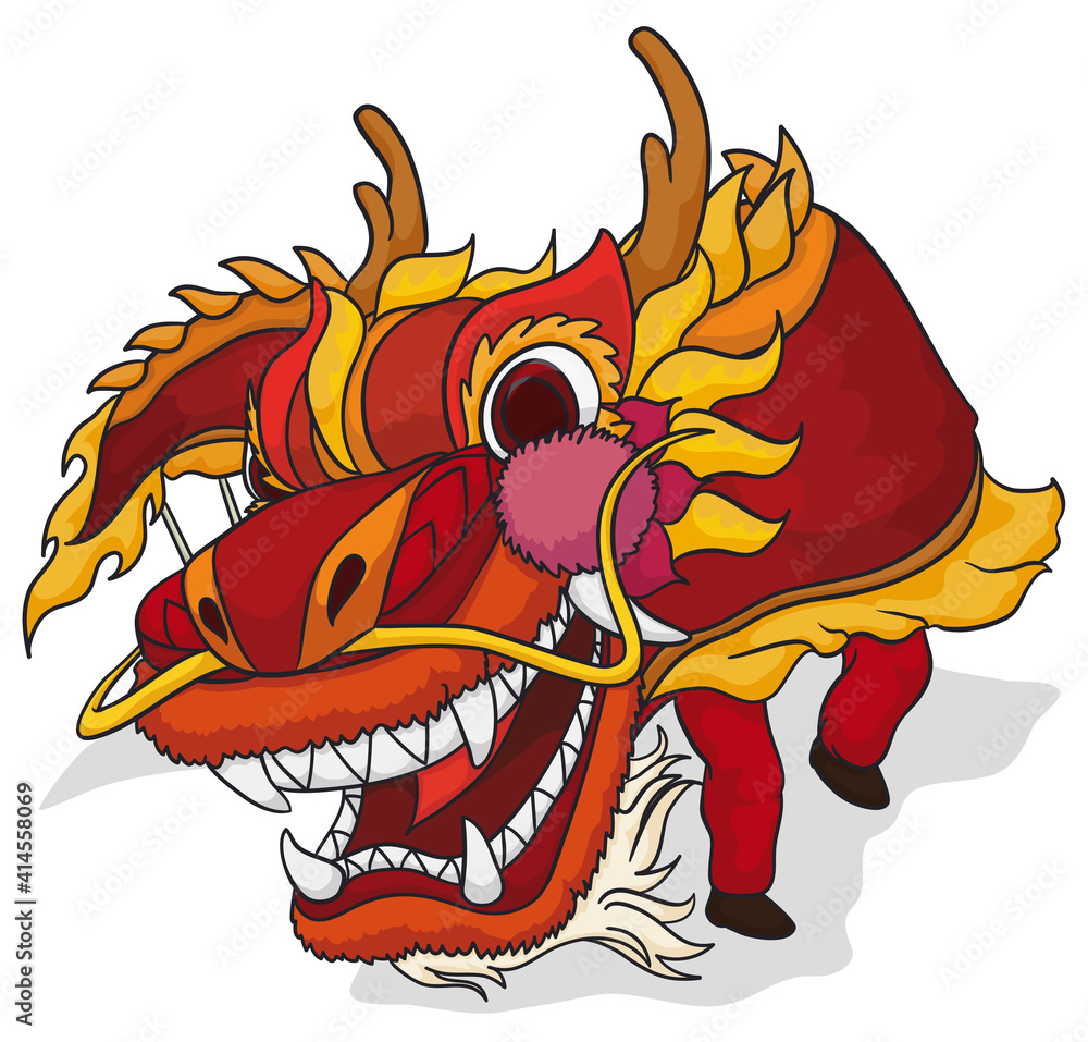 Chinese dancers performing the dragon dance with red costumes, Vector ...