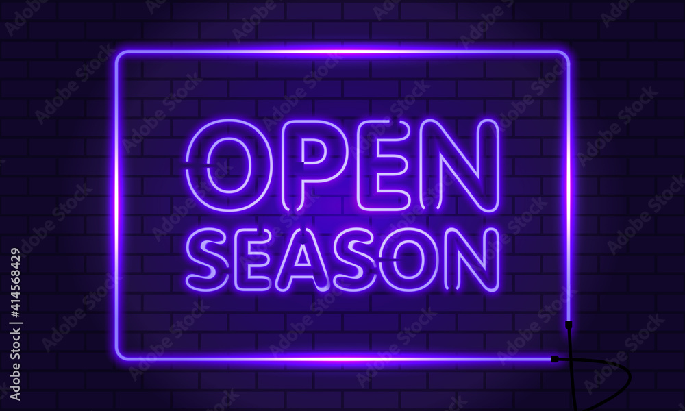 Neon sign open season in a squared on brick wall background. Purple ...
