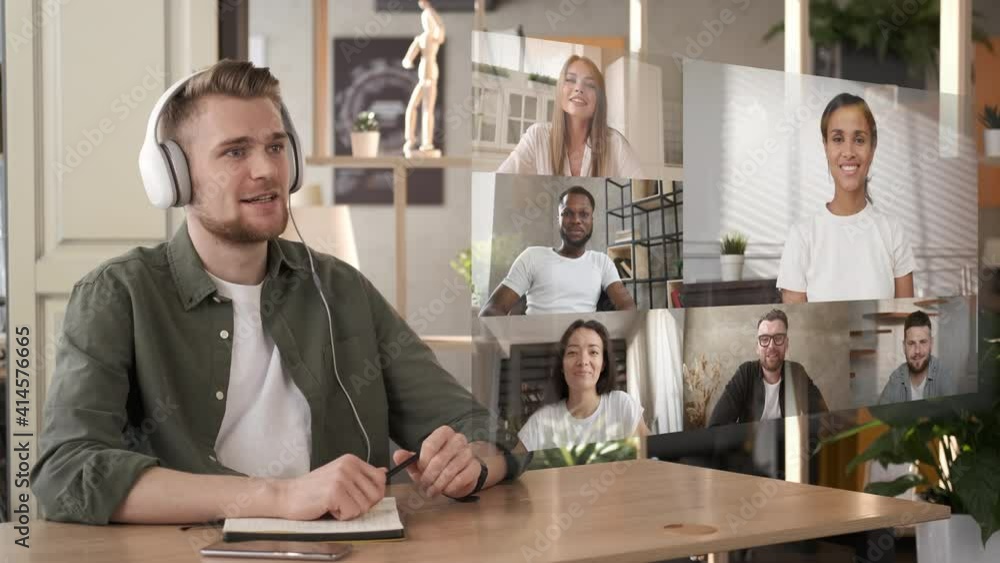 Discussing project online. Group video call. Remote communication happy ...