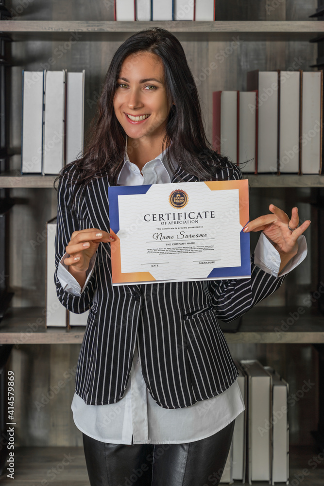 caucasian business woman posing with certificate of appreciation ...