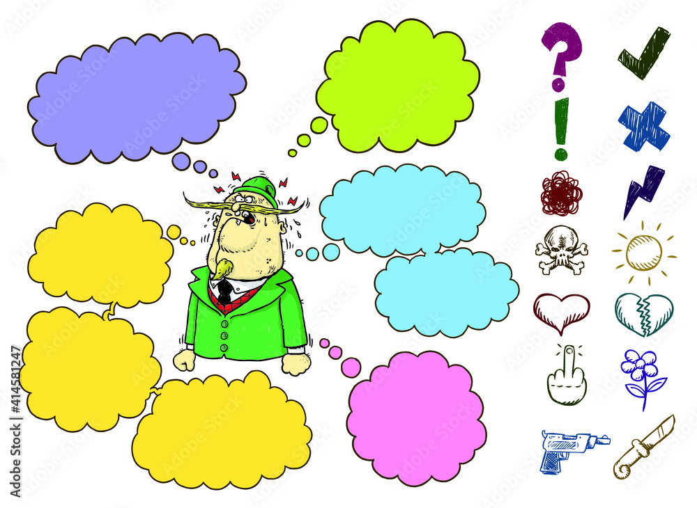 Hand drawn illustration of a cartoon character and thinking bubbles ...