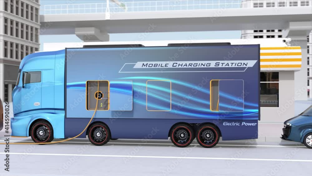 Electric cars charging at roadside from a power supply truck. Mobile ...