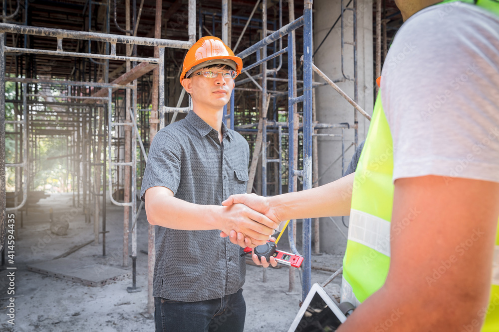 Teamwork, partnership, gesture concept. Builders greeting each other ...