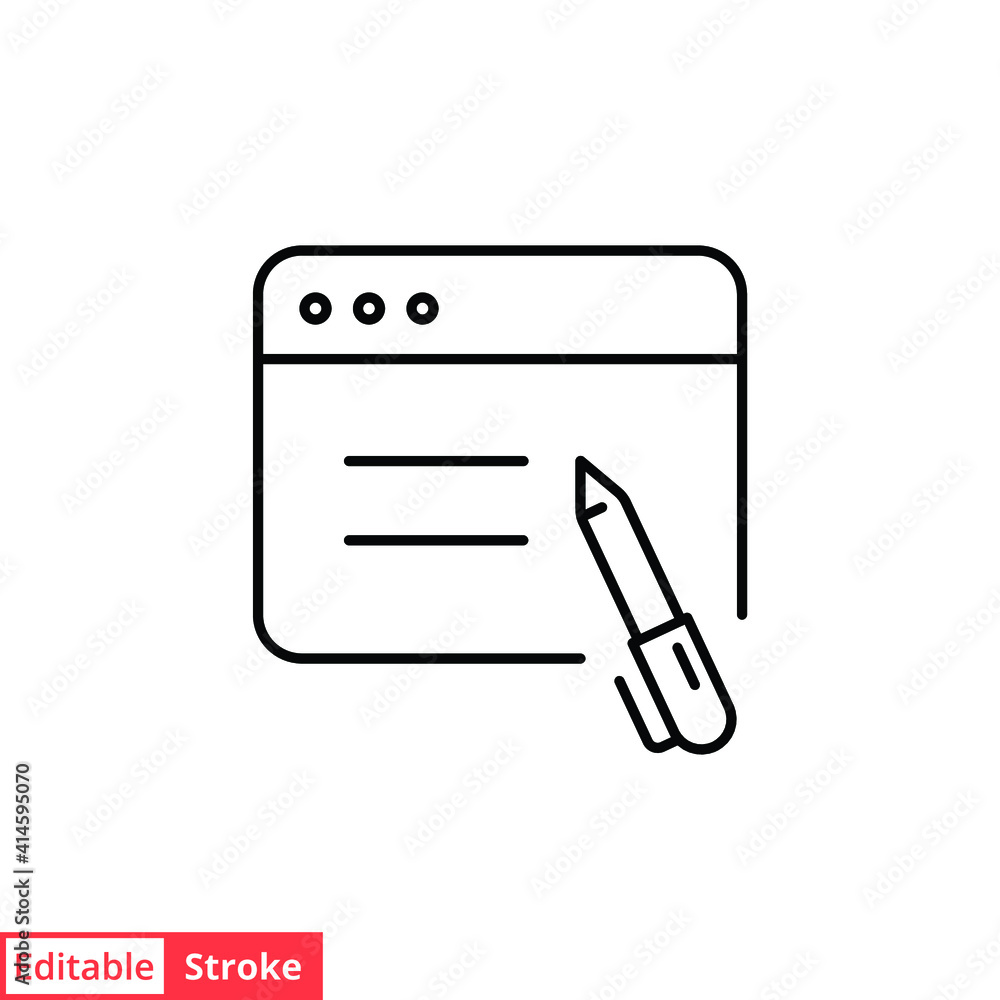 Write blog line icon. Web page with pen, simple outline style ...