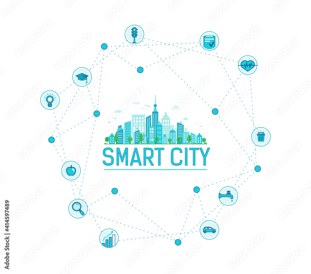 Smart city infographics. Modern city in circle icons. Vector filled ...
