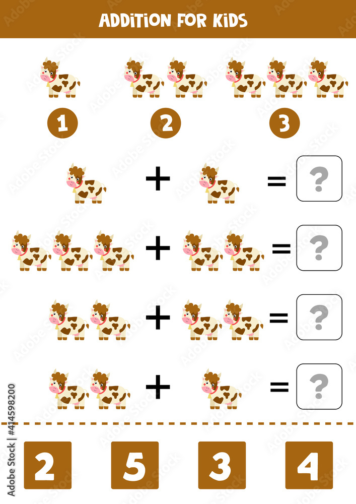 Addition game with cute cartoon farm cow. Math game for kids. Stock ...