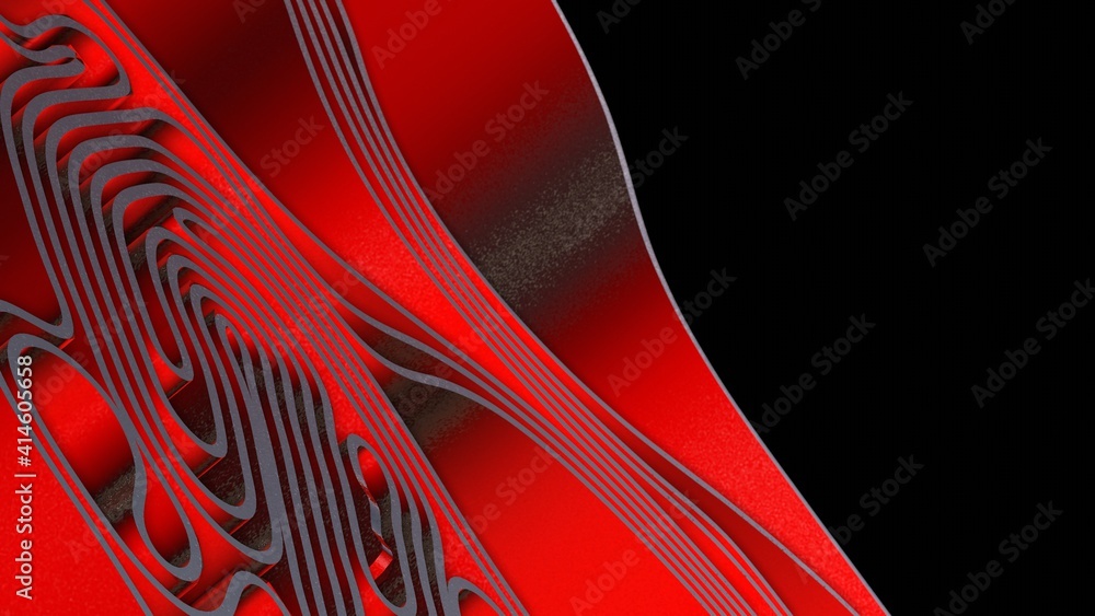 Abstract 3D render red black colorful spline strips rows light and ...