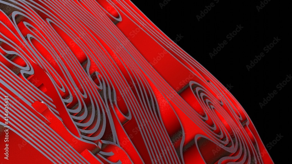 Abstract 3D render red black colorful spline strips rows light and ...