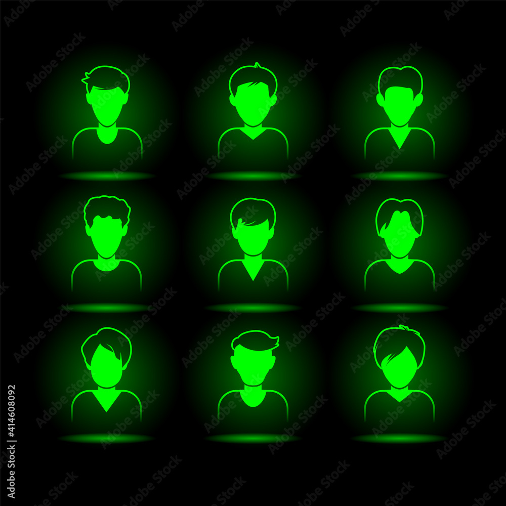 Green neon mans avatar set. Virtual character glowing icons collection ...