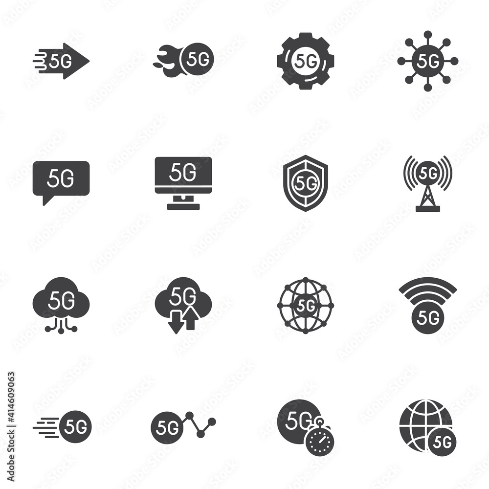 5G technology vector icons set, modern solid symbol collection, filled ...