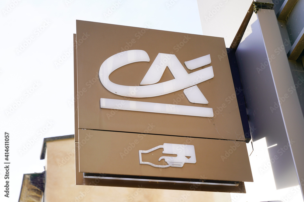 ca sign letters and brand logo of Credit Agricole french bank and atm ...