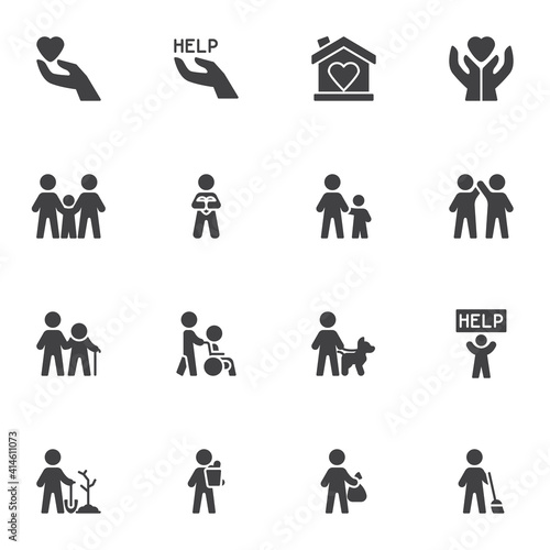 Volunteering and charity vector icons set, modern solid symbol ...