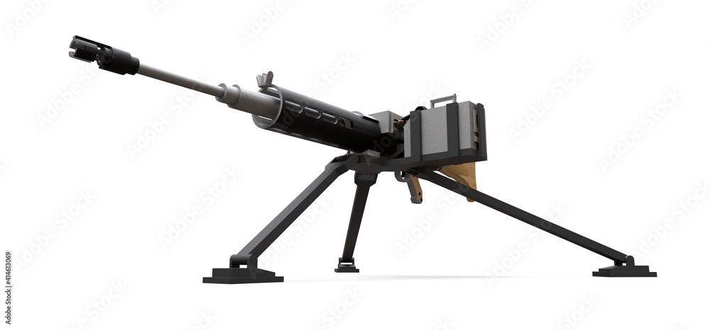 Large machine gun on a tripod with a full cassette ammunition on a ...