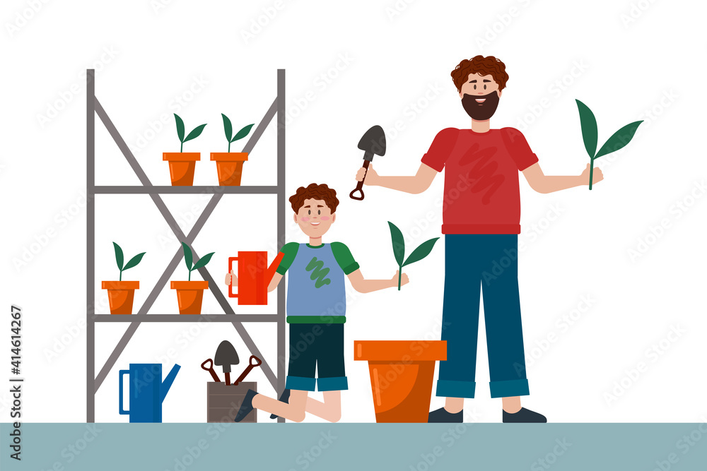 Dad and son in the garden. A close-knit family digs, plants, and waters ...