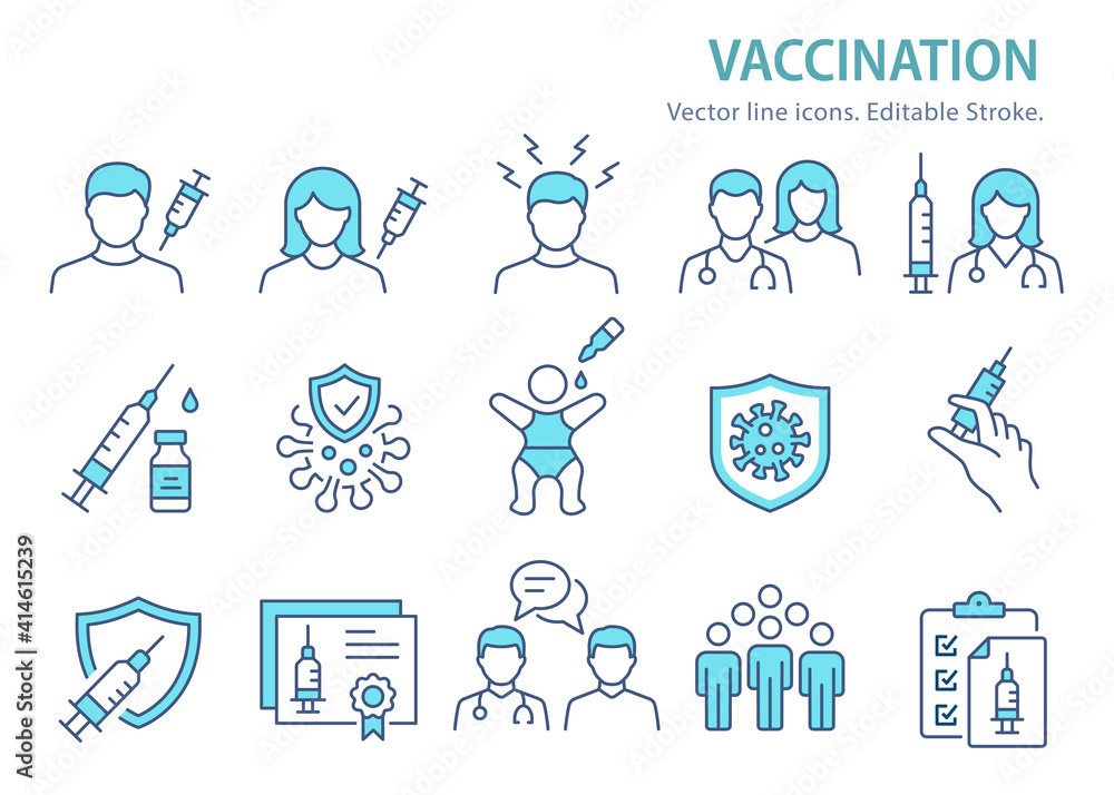 Vaccine icon set. Collection of injection, syringe, immune, virus ...