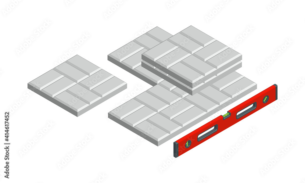 Isometric vector illustration concrete paver blocks and bubble level ...