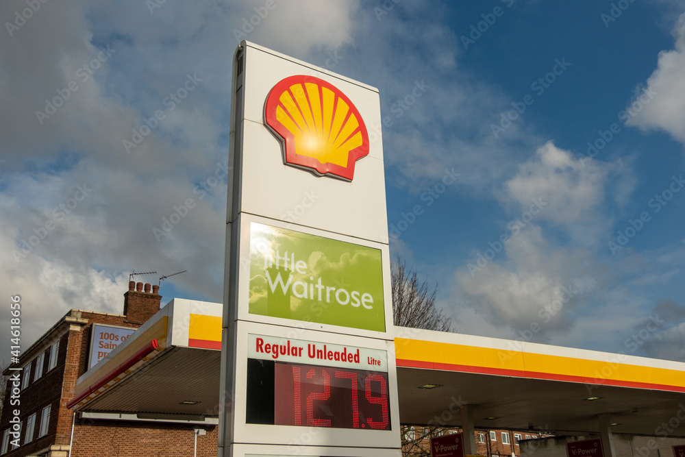 London- February, 2021: Shell Service station logo with Little Waitrose ...