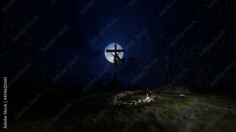 Crucifixion of Jesus Christ with thorn crown, nails, hammer and a rope ...