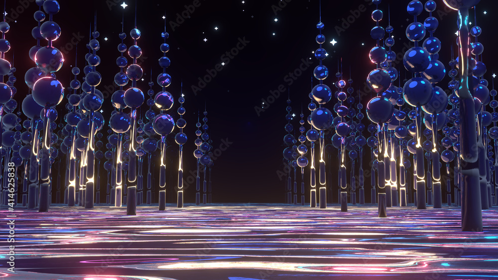 Abstract neon glowing futuristic landscape with metallic forest. 3d ...