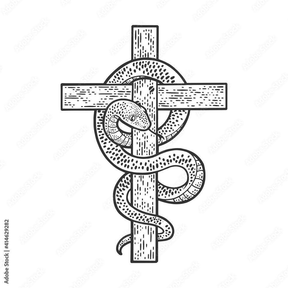snake on the cross sketch engraving vector illustration. T-shirt ...