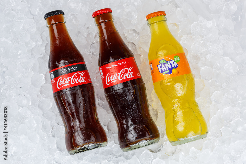 Coca Cola Coca-Cola Fanta Sprite products lemonade soft drink bottle ice cubes Stock Photo ...