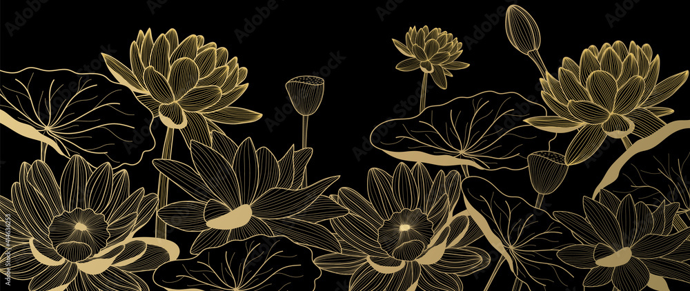 Luxury Golden lotus background vector. Gold Lotus line arts design for ...