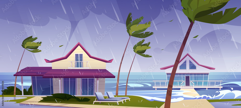 Sea storm with rain and tornado on tropical beach with bungalows and ...