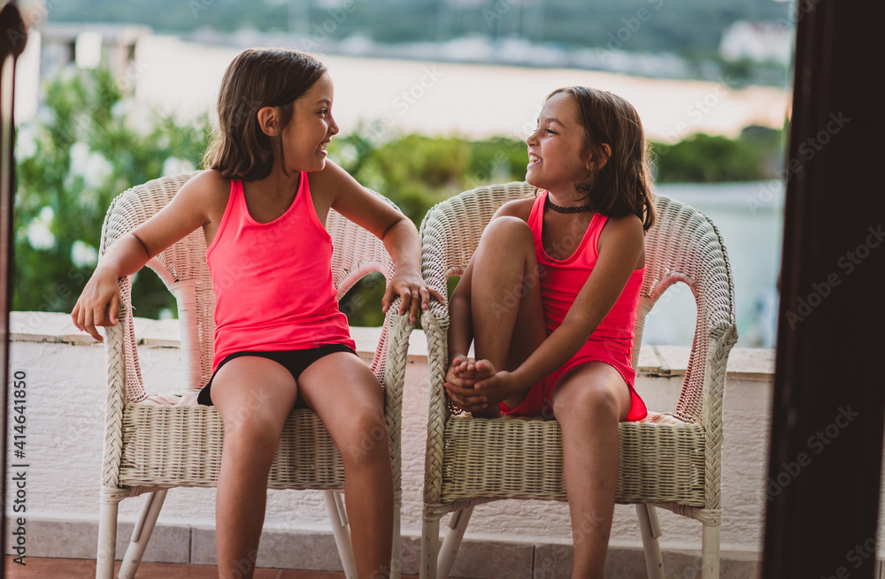 Happy girl kids enjoying summer vacation at sea resort. Stock Photo ...
