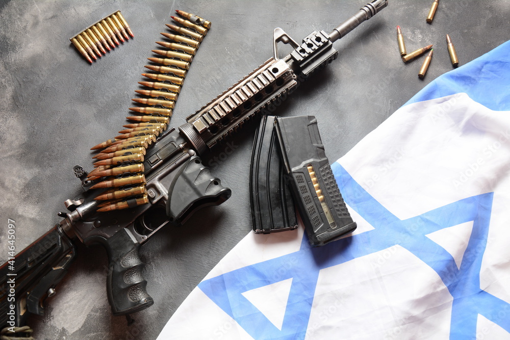 M4 carbine with Israeli flag on the background. Yom Ha'atzmaut ...