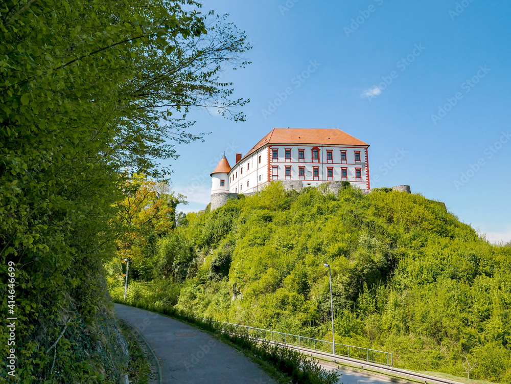 Amazing medieval castle in spring. Top of hill, sunny day, landmark ...