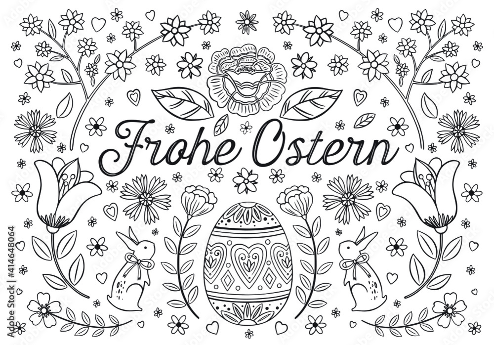 Coloring page for children and adults. Happy Easter in German language ...