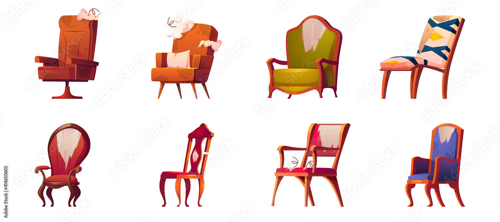 Broken chairs and armchairs old furniture isolated set, defected home ...