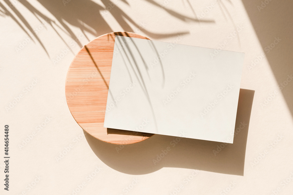 Card on beige background with palm leaves shadows. Minimal concept mock ...