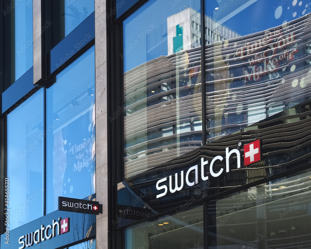Logo of the Swatch Company at a store in Duesseldorf Stock Photo ...