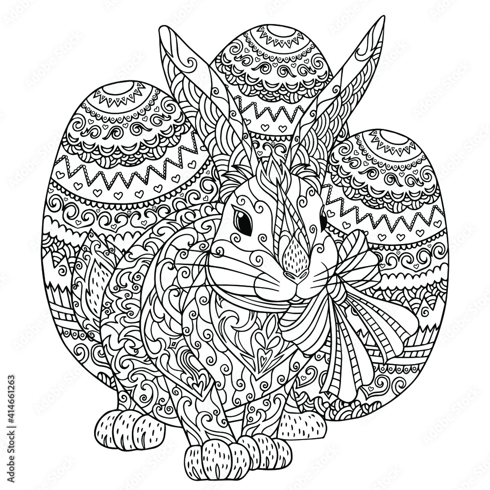 Coloring page rabbit with easter eggs. Vector outline illustration with ...