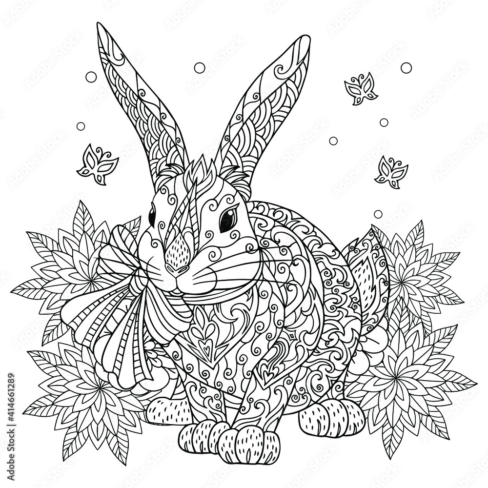 Spring rabbit with bow and flowers coloring page. Vector line art with ...