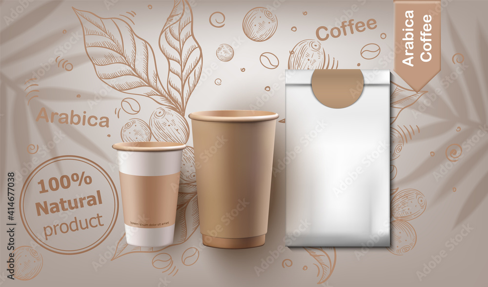 Coffee cups and pack set vector realistic. Natural leaves and beans ...