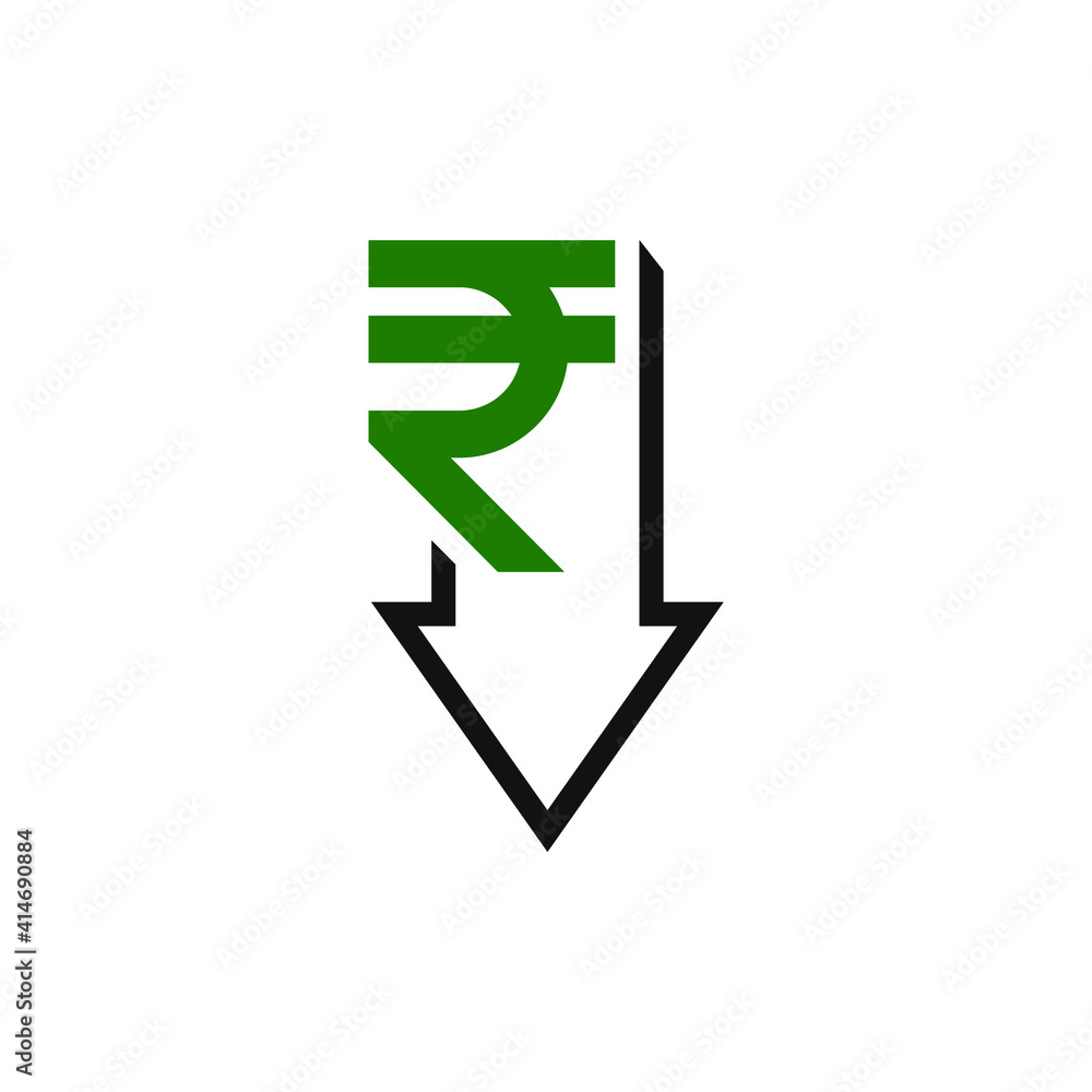 Decreasing value of rupee. Cost reduction icon concept isolated on ...