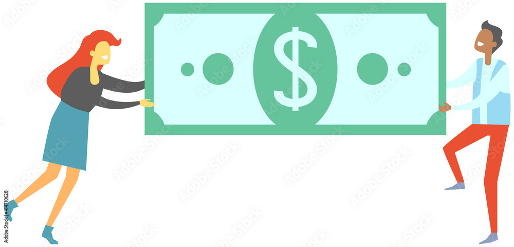 People are grabbing dollar bill and pulling it in their direction. Man ...