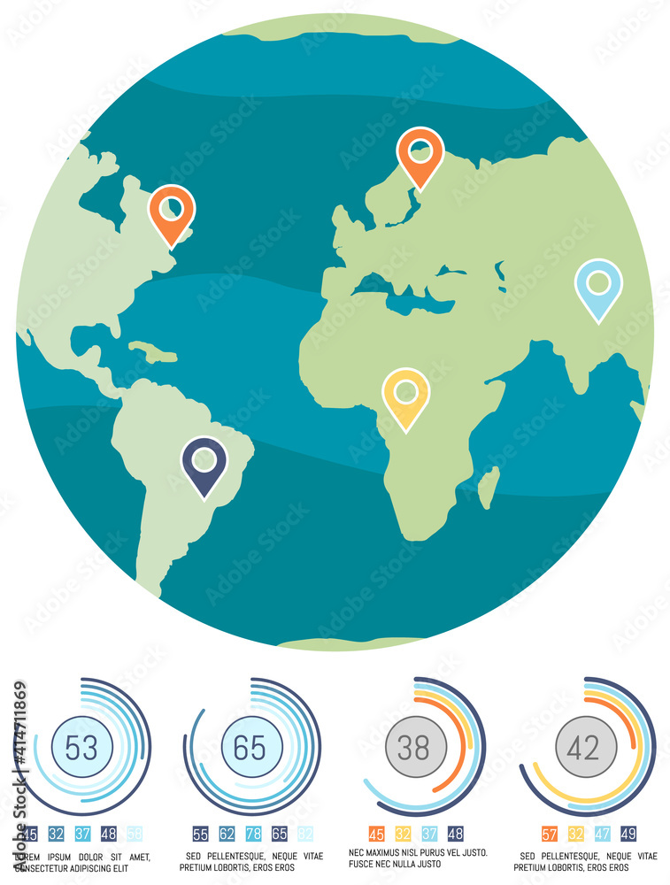 Planet with map marks. Ratio of numbers near world globe concept. Level ...