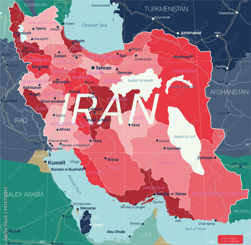 Iran country detailed editable map with regions cities and towns, roads ...