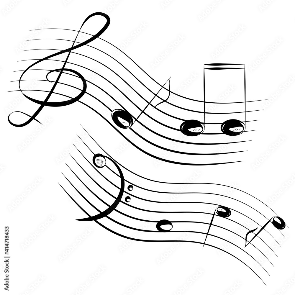Hand-drawing of musical lines with bass and treble clefs and notes ...