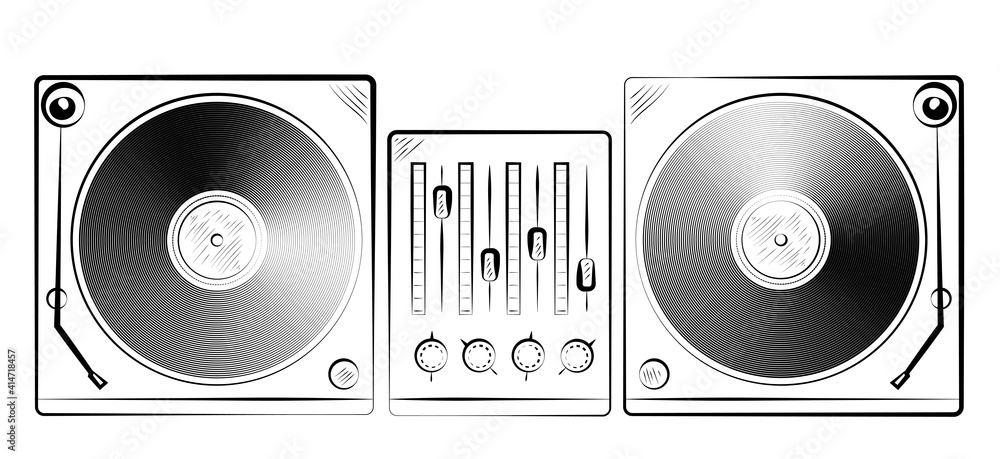 Turntables and hand drawing of dj mixer isolated on white Stock Vector ...